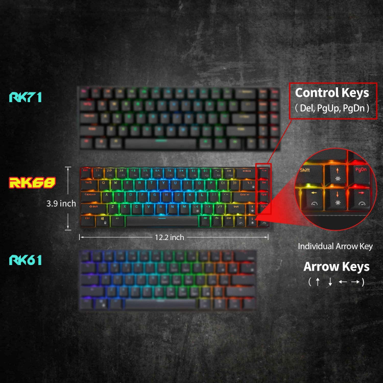 RK ROYAL KLUDGE RK68 有線 65% 機械鍵盤RGB 背光 60% 68 鍵遊戲鍵盤 可熱插拔鍵盤 黑色